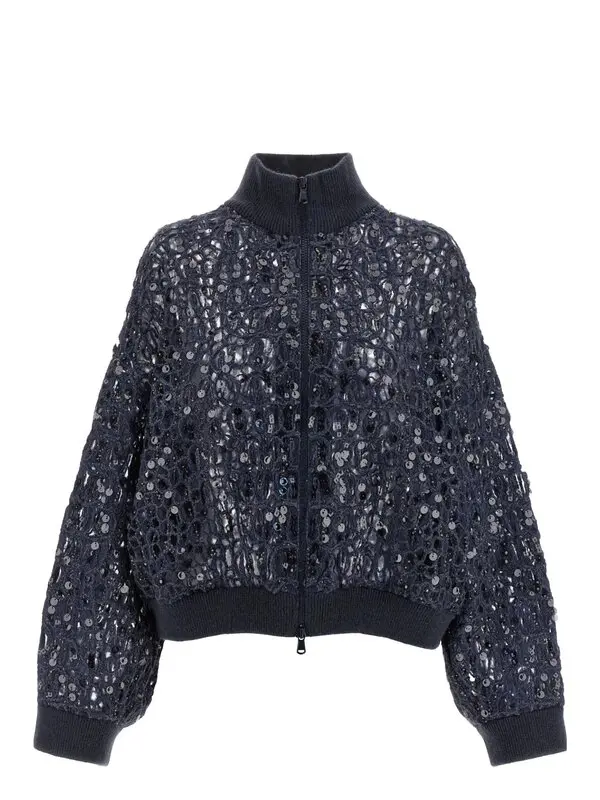 Brunello Cucinelli Dazzling Embroidered Knit Cardigan - Black