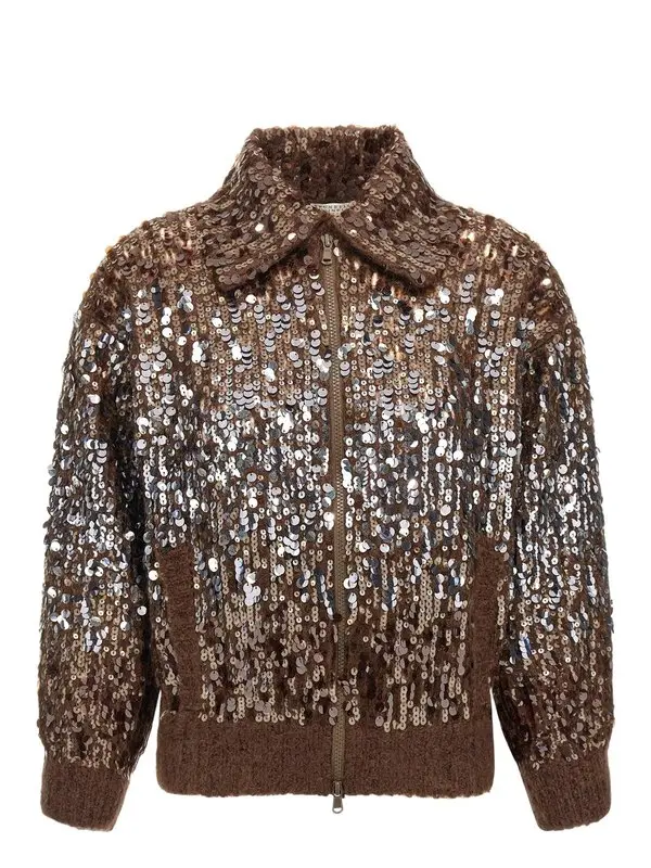 Brunello Cucinelli Sequin Embellished Zipped Cardigan - Brown