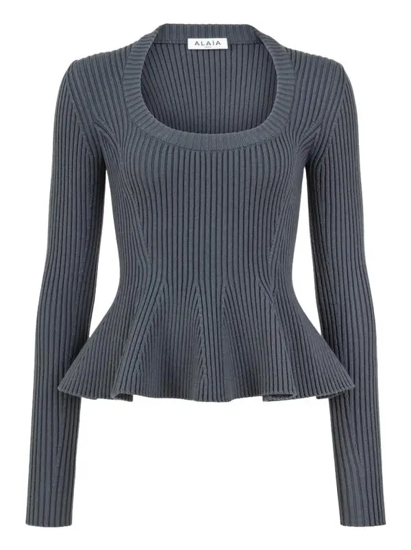 Alaïa Ribbed Peplum Top - Blue-gray