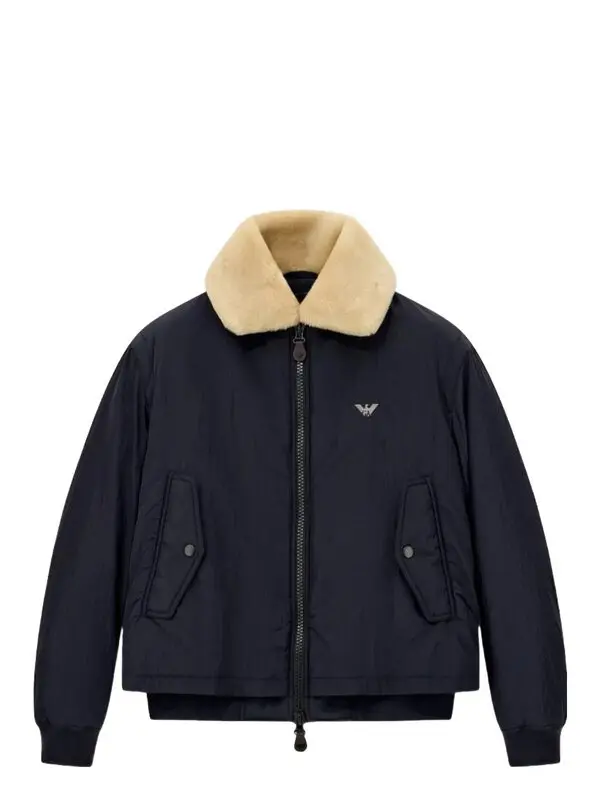 Emporio Armani Cropped, Collared, Color-block Padded Jacket With A Double-layer Zipper - Navy Blue