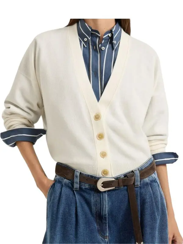 Brunello Cucinelli V-neck Long Sleeved Cardigan - White