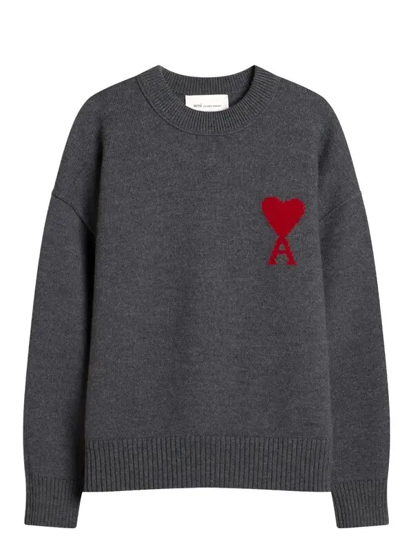 AMI Paris Crewneck Contrasted Adc Jumper - Heather Grey/red