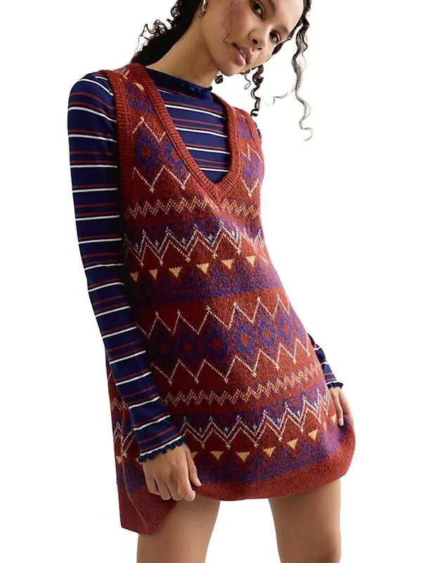 Free People Rowan Barrel Sweater Mini Dress - Cinnamon Combo