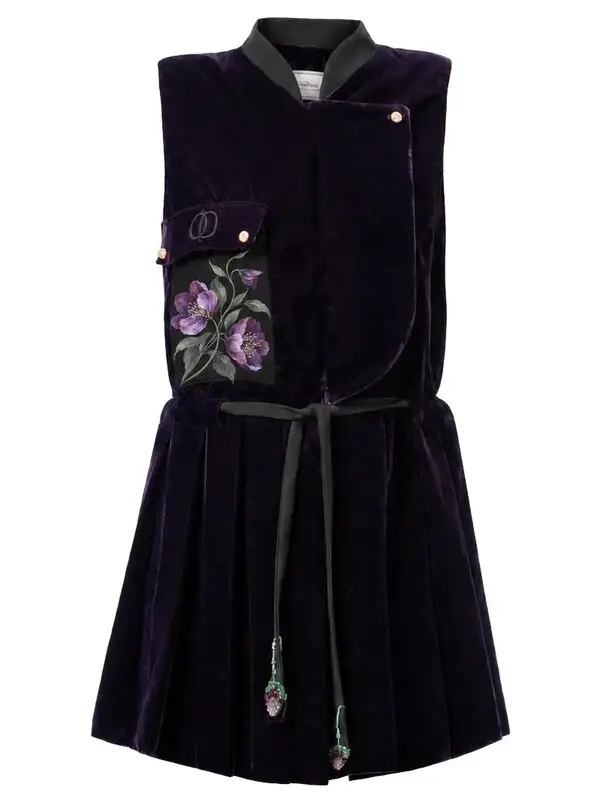 RONDOOZ Hand Painted Velvet Mini Dress With Hand Applied Embellishment - Purple