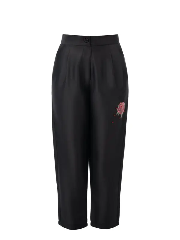 RONDOOZ Hand Painted Satin Straight-leg Trousers With Hand Applied Embellishment - Black