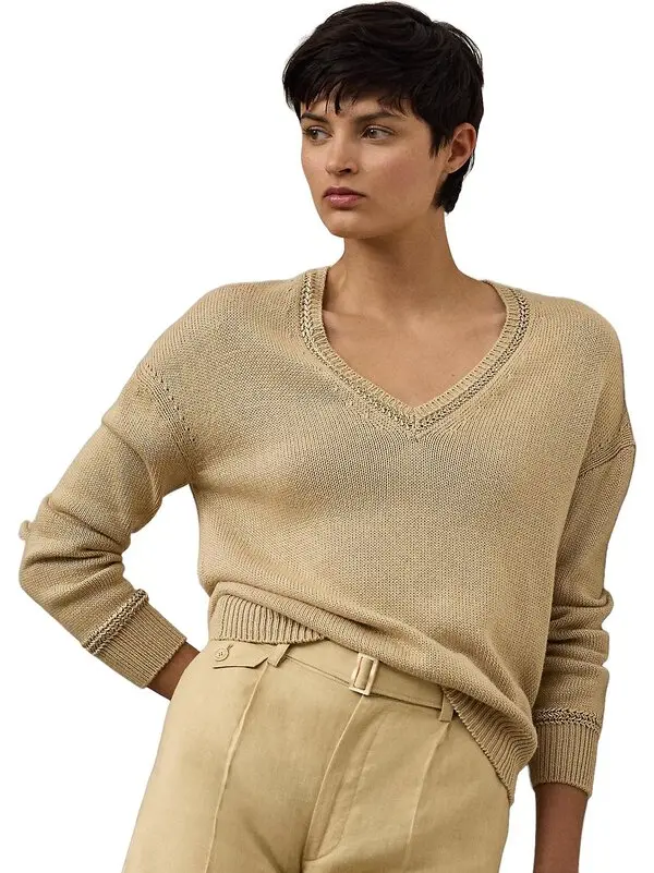 Ralph Lauren Silk Jersey V-neck Sweater - Light Sand