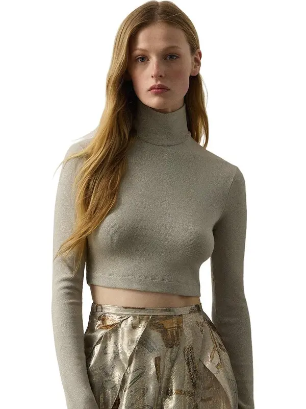 Ralph Lauren Metallic Jersey Mockneck Cropped Top - Palladium