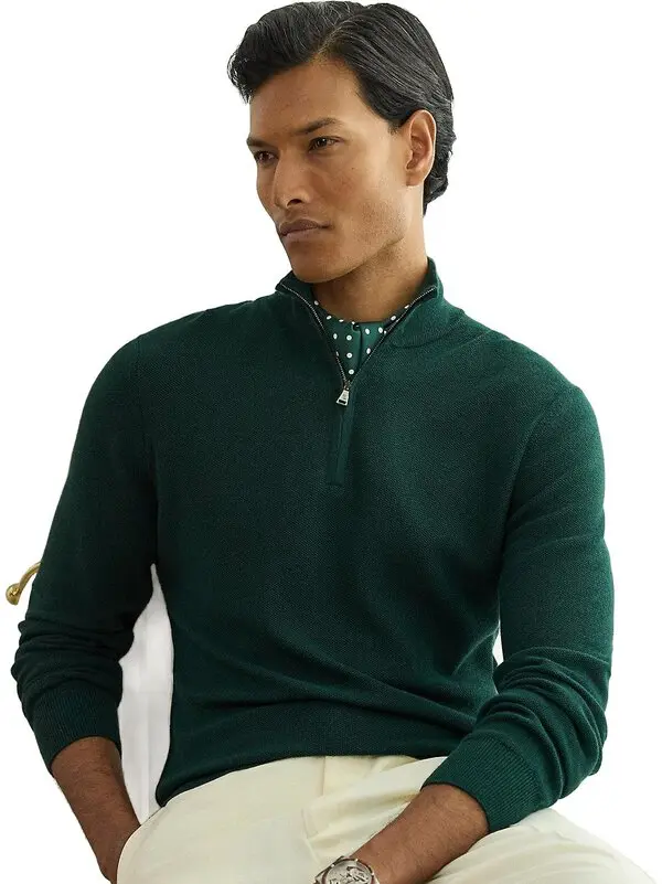 Ralph Lauren Piqué-knit Wool Quarter-zip Sweater - Moss Agate