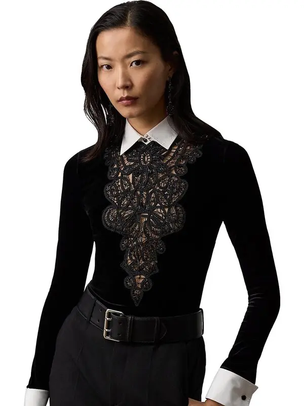 Ralph Lauren Missy Embellished Velvet Shirt - Black