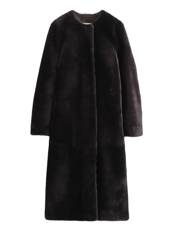 Cos Collarless Shearling Coat - Brown
