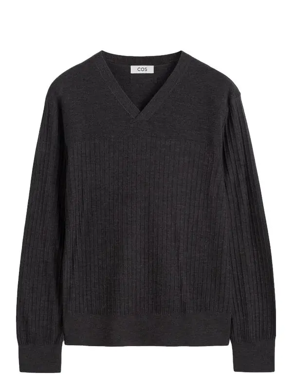 Cos Ribbed Fine Merino Wool V-neck Sweater - Brown