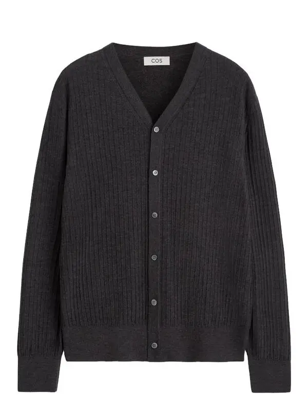 Cos Ribbed Fine Merino Wool V-neck Cardigan - Brown