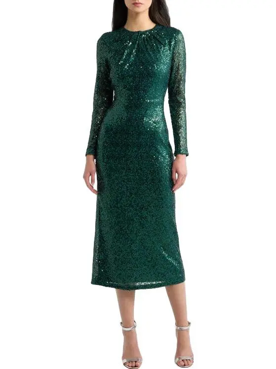 Anne Klein Sequin Twist Neckline Midi Dress - Deep Jade
