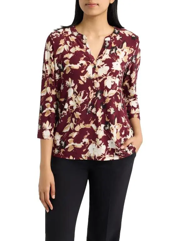 Anne Klein Floral Print Three-quarter Sleeve Henley - Barolo Multi