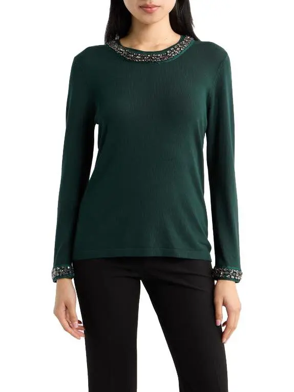 Anne Klein Rhinestone Embellished Sweater - Pine Forest