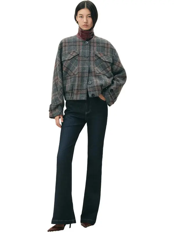 Fabrique Montnkar Plaid Leather Panel Bomber Jacket In Wool - Grey