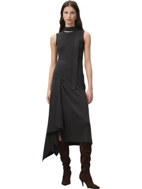 Fabrique Jinkim Scarf Tie Fitted Dress In Silk Cotton Blend Knit - Grey