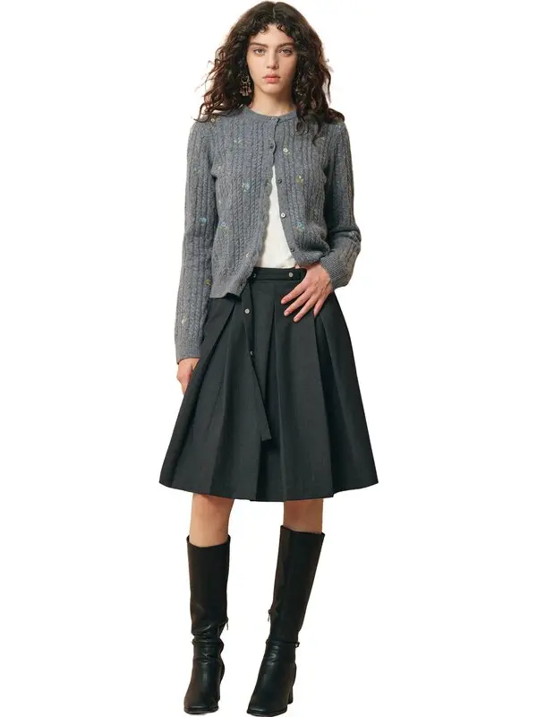 Fabrique Lavinia Floral Embroidery Cardigan In 100% Wool - Grey