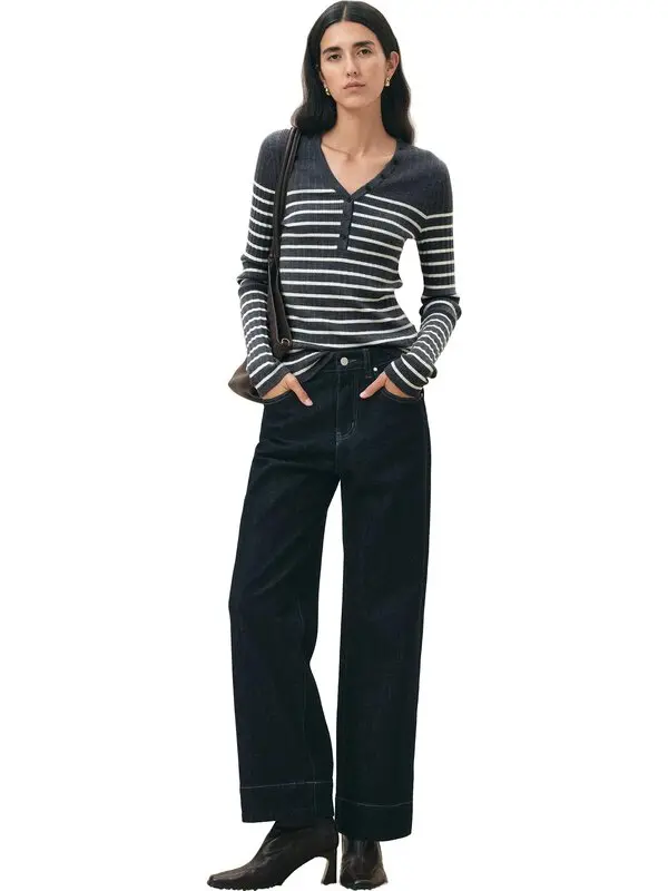 Fabrique Vivi Gray Striped Henley Top In Wool Blend - Grey