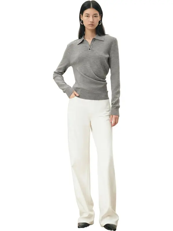 Fabrique Zoe Cinched Waist Polo Top In Wool Blend Knit - Grey