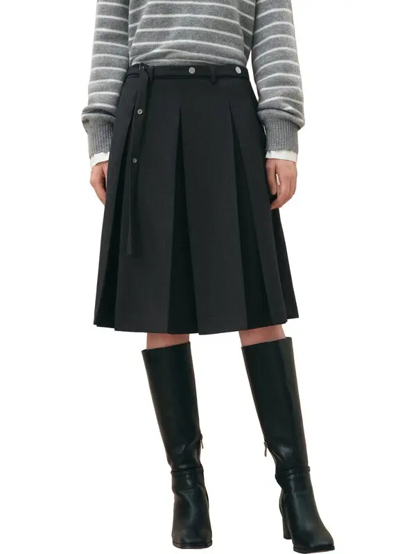 Fabrique Alaia Belted Pleated Midi Skirt In Wool Blend - Grey