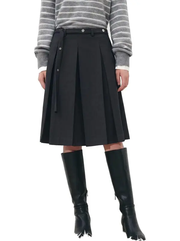 Fabrique Alaia Belted Pleated Midi Skirt In Wool Blend - Grey