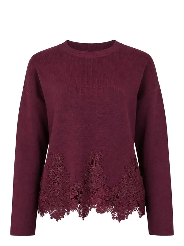 YUMI Burgundy Viscose Relaxed Jumper With Lace Trim - Purple