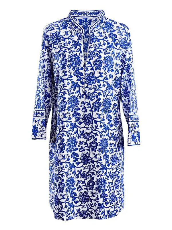 KAMINEE White / Blue Lagoon Floral Block Print Linen Kaftan Navy - White/blue