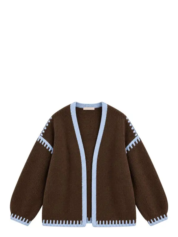 LATELIER LONDON Chocolate Knit Cardigan With Light Blue Contrast Trim - Brown