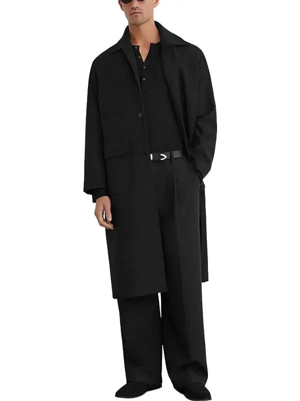 REISS Clyde Wool Blend Zip Through Twill Overcoat - Black