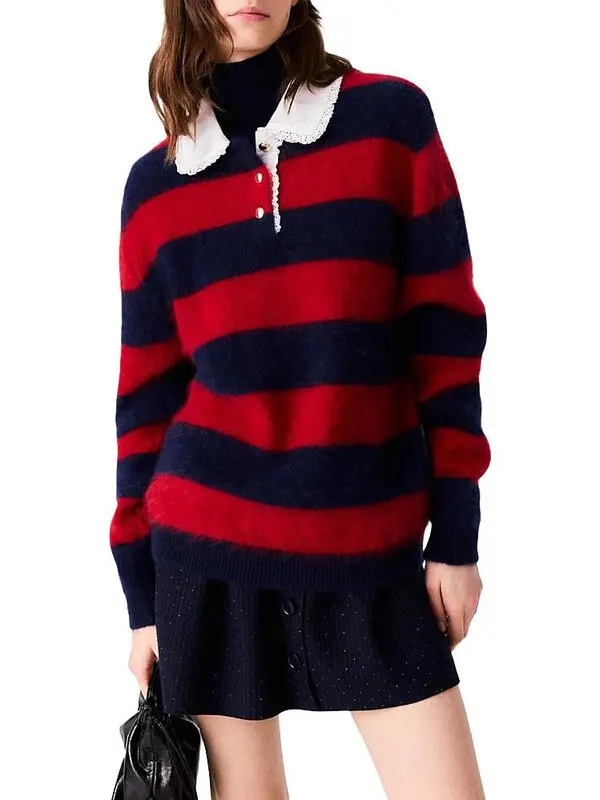 Maje Muffly Wool Blend Collared Sweater - Navy/red