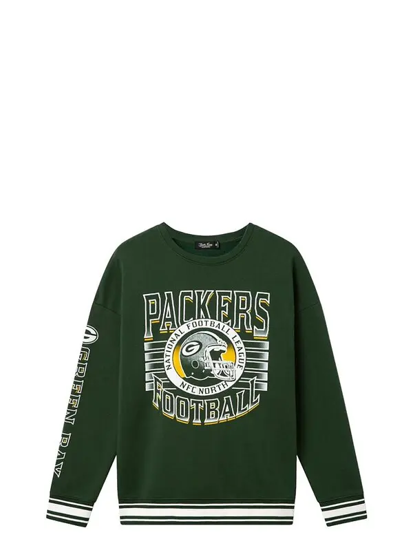 Junk Food Clothing Green Bay Packers Striped Rib Crew Fleece Sweatshirt - Hunter