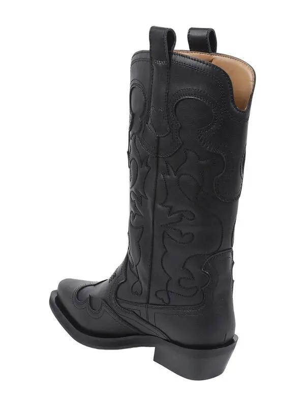 GANNI Mid Shaft Embroidered Western Boot - Black/black