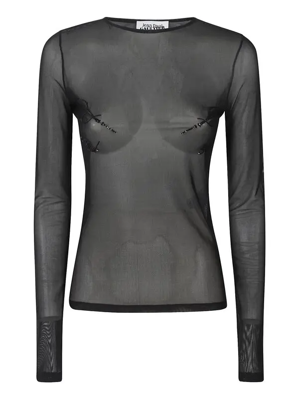 JEAN PAUL GAULTIER Long Sleeves Mesh Top With Unique Neckline - Black