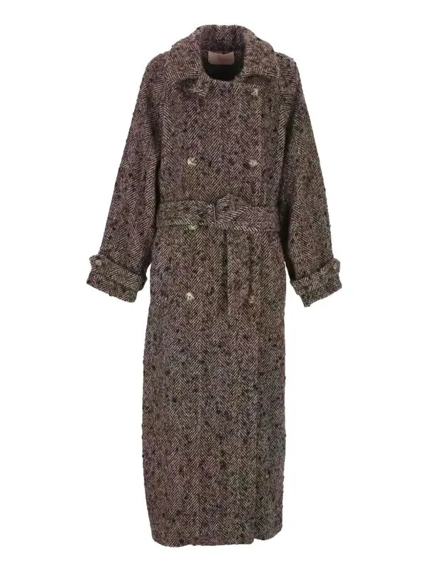 KRISTINA TI Herringbone-pattern Belted Coat - Brown
