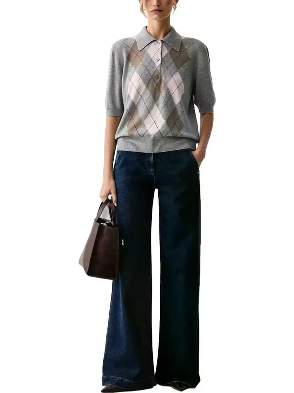 Luisa Spagnoli Marius Argyle-knit Polo Top - Grey