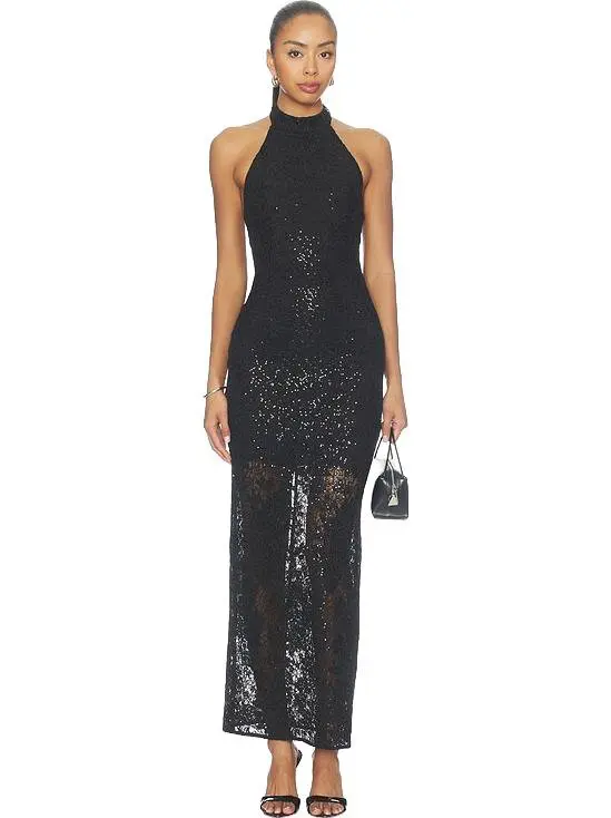 Alice + Olivia Koi Embellished Lace Halter Maxi Dress With Back Slit - Black