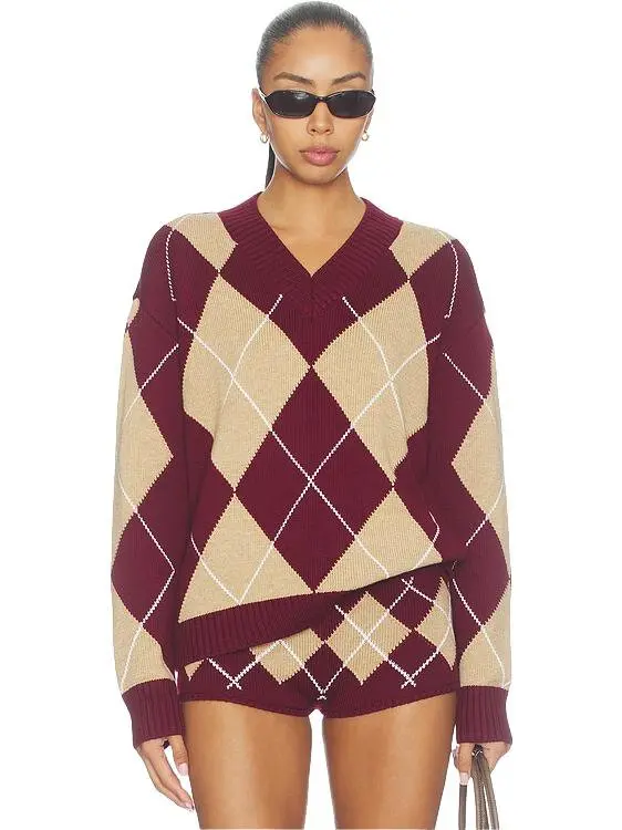 LOVERS AND FRIENDS Lunaria Argyle Sweater In Burgundy - Wine Multi