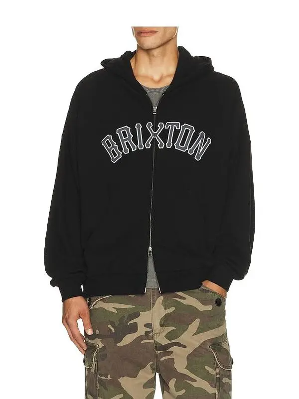 Brixton Dugout Full Zip Fleece Hoodie In Black - Black & Grey