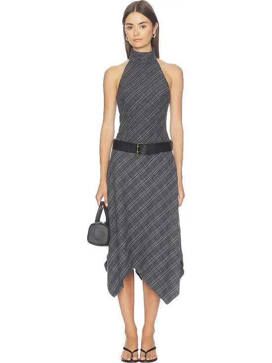 ALL THE WAYS Noa High Neck Midi Dress In Grey - Grey Plaid