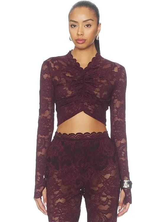 NOOKIE Delphine Lace Long Sleeve Crop Top In Burgundy - Wine