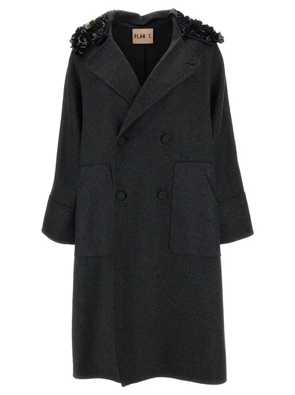 Plan C Cappotto Doppiopetto In Lana Melange Con Collo In Paillettes - Black