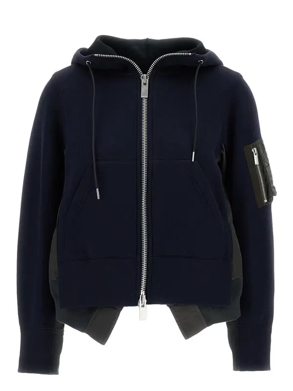 Sacai Felpa In Sponge Sweat E Nylon Twill Con Cappuccio - Blu