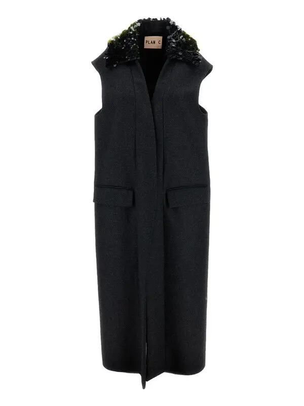 Plan C Gilet Lungo Con Collo In Paillettes - Nero