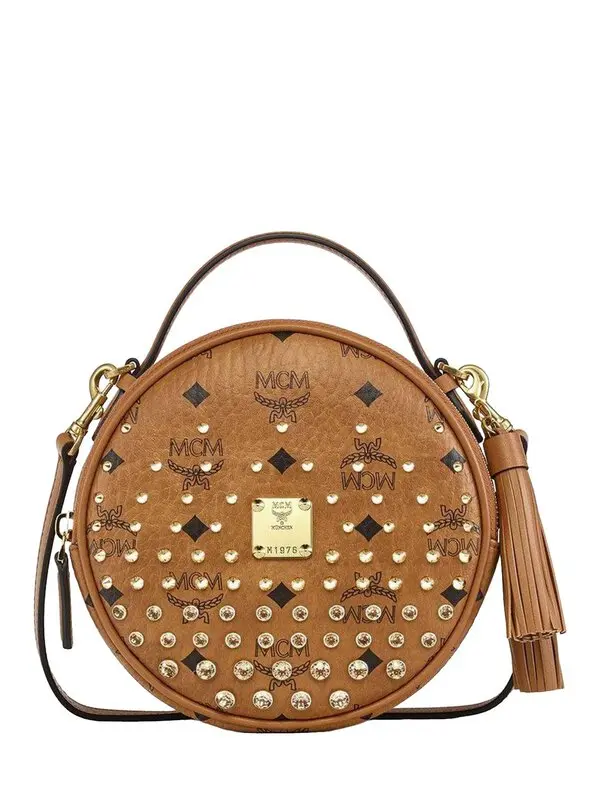 Mcm Pina Tambourine Crossbody In Gold Crystal Visetos - Cognac