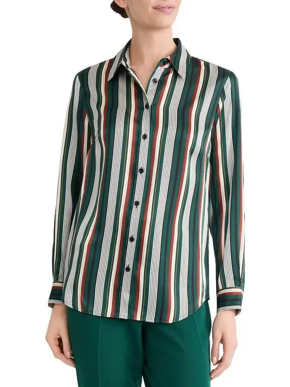 KASPER Striped Long Sleeve Button Down Shirt - Evergreen Multi