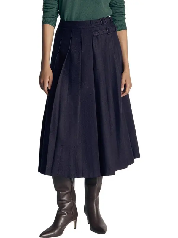 Boden Herringbone Pleated Wool Blend Midi Skirt - Navy Herringbone