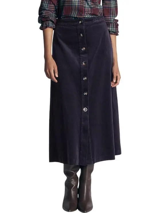 Boden Val Button Front Corduroy Midi Skirt - Navy