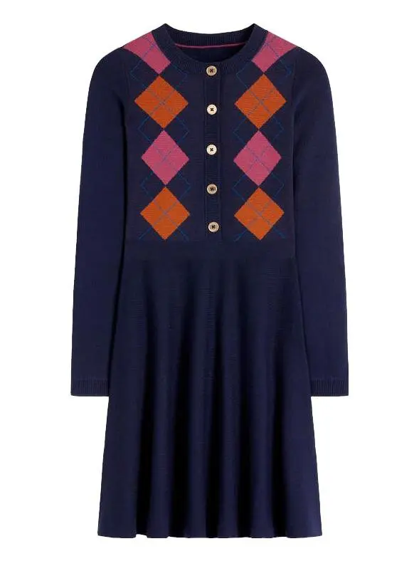 Boden Argyle Long Sleeve Jacquard Dress - Navy Argyle