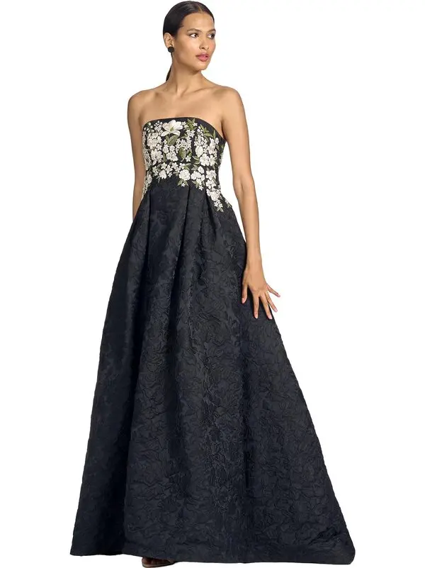 Sachin & Babi Astrid Black Embroidered A-line Gown - Jet